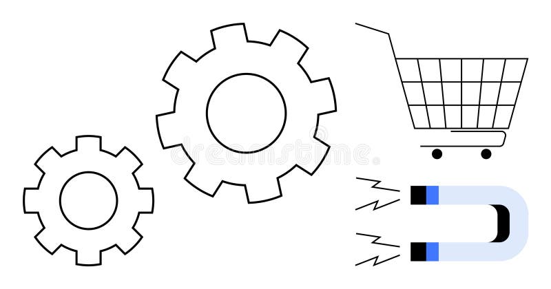 E-commerce Optimization Cogs, Shopping Cart, and Magnet Representing ...