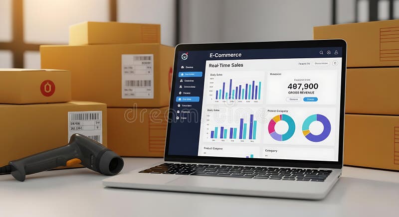 E-Commerce Sales Dashboard on Laptop with Shipping Boxes and Barcode ...