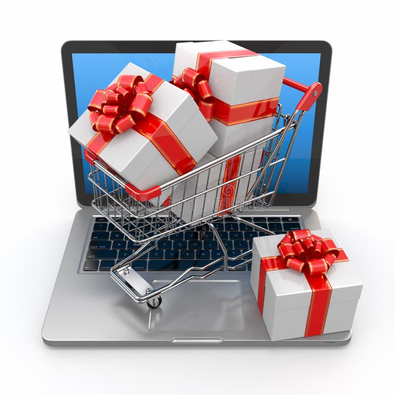 E-commerce. Shopping Cart and Gifts on Laptop Stock Illustration ...