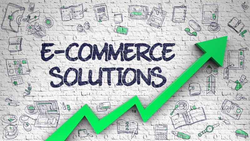 E-Commerce Solutions Drawn on White Wall. 3d. Stock Illustration - Illustration of achievement ...