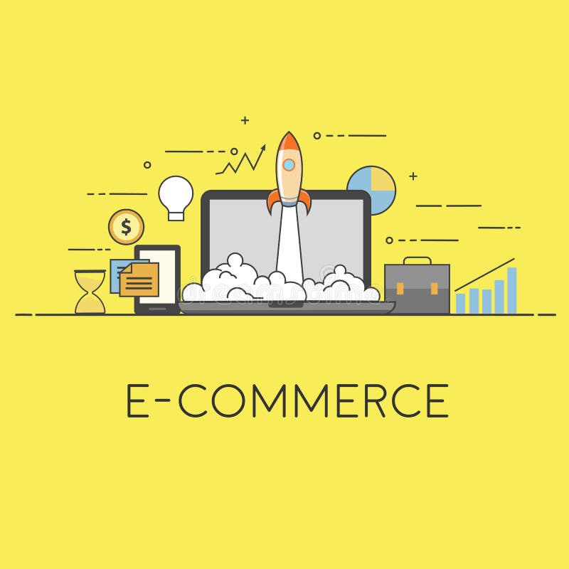 E-commerce Startup. Vector Illustration with Rocket Launch and Laptop ...
