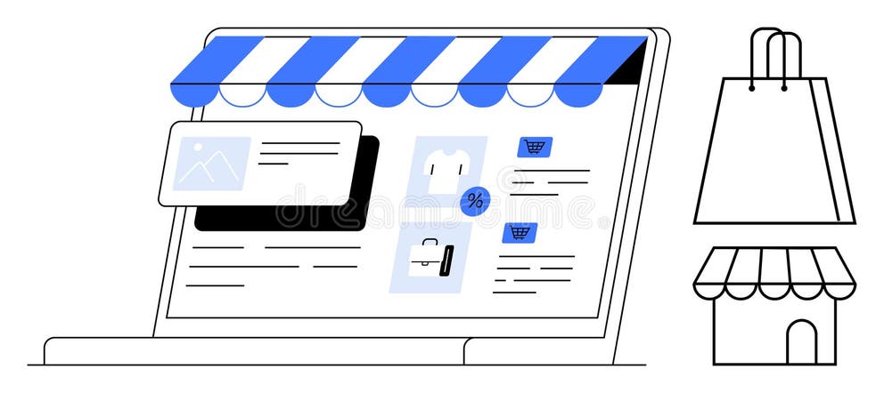E-commerce Website Displayed on Laptop with Shopping Bags and Storefront Elements Stock Vector ...