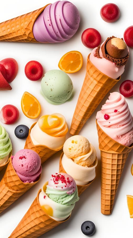 E Cream Cones with Different Flavors and Toppings on a White Background ...