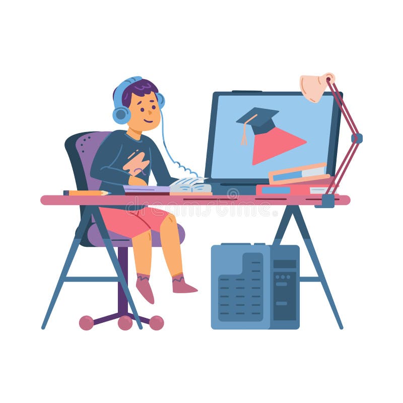 E-learning and Children Remote Education Flat Vector Illustration ...