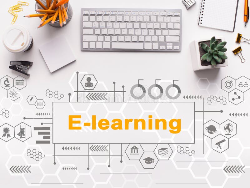 E-Learning Collage Background of Student`s Desk Above View Stock ...