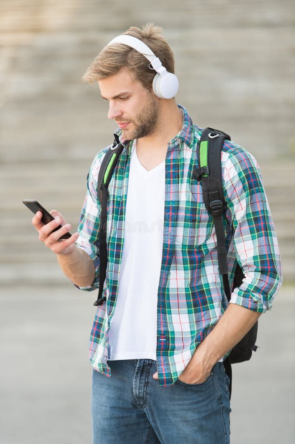 E Learning. College Student Headphones Smartphone. Online Learning ...