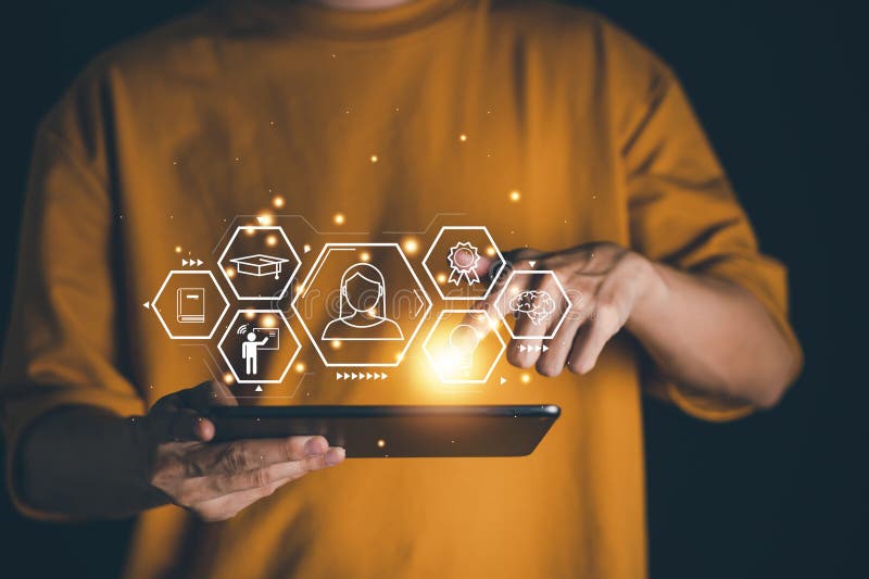 E-Learning Concept, Businessman Hand Hold Tablet with Webinar Online ...