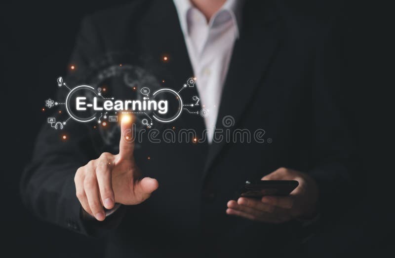 E-Learning Concept, Businessman Hand Use Smartphone with Webinar Online ...