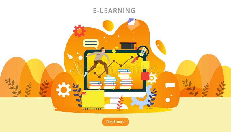 E-learning Concept with Computer, Book and Tiny People Character in ...