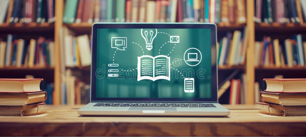 E-Learning Concept Laptop Displaying Book Icon with Digital Resources ...