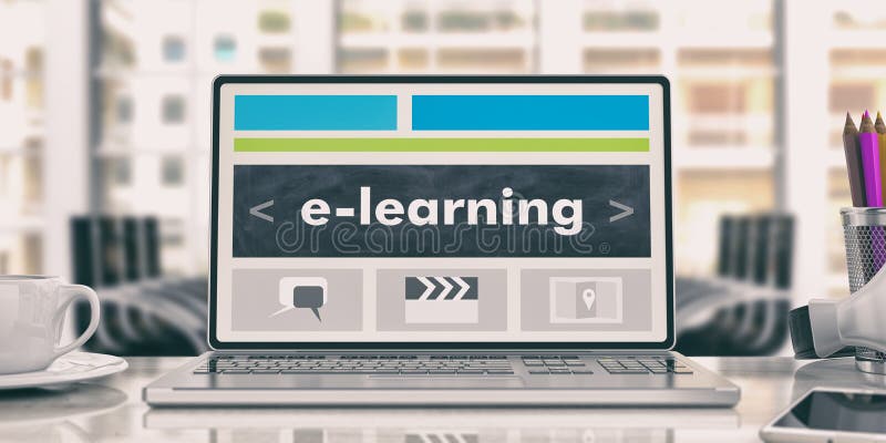 E- Learning Concept. Laptop in an Office. 3d Illustration Stock ...