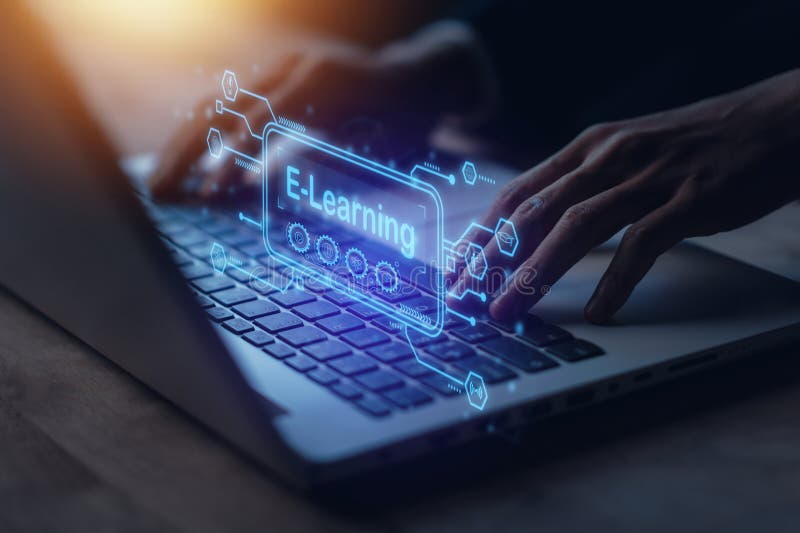 E-Learning Concept, Man Hand Typing Keyboard Laptop (Notebook) with ...