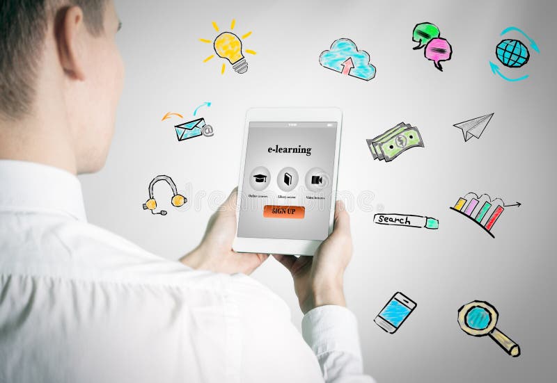 E-Learning Concept. Man Holding a Tablet Computer Stock Photo - Image ...