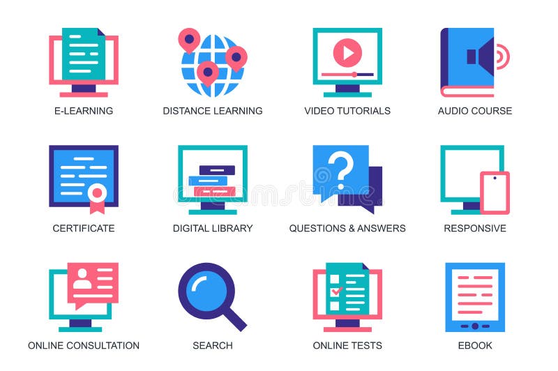 E-learning Concept of Web Icons Set in Simple Flat Design. Stock Vector ...