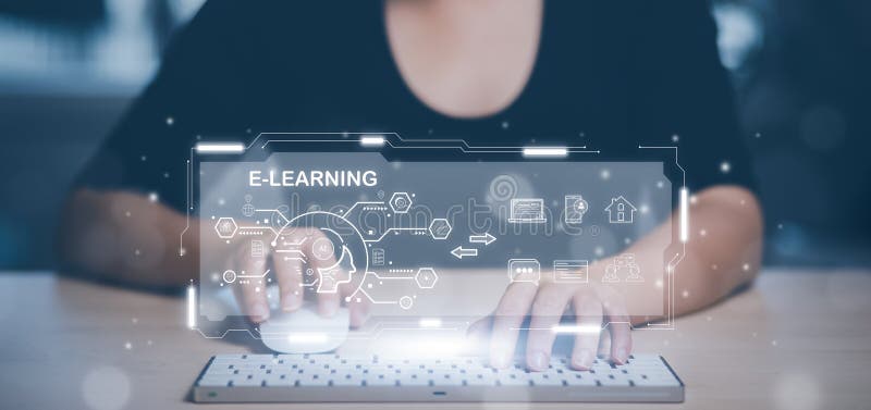 E-learning Education, Businessman Hand Touch Online Education Icon on ...