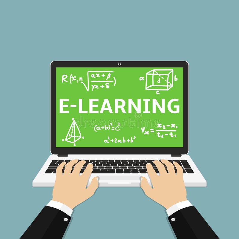 E-learning Flat Illustration of Human Hand Using Laptop for Distance ...
