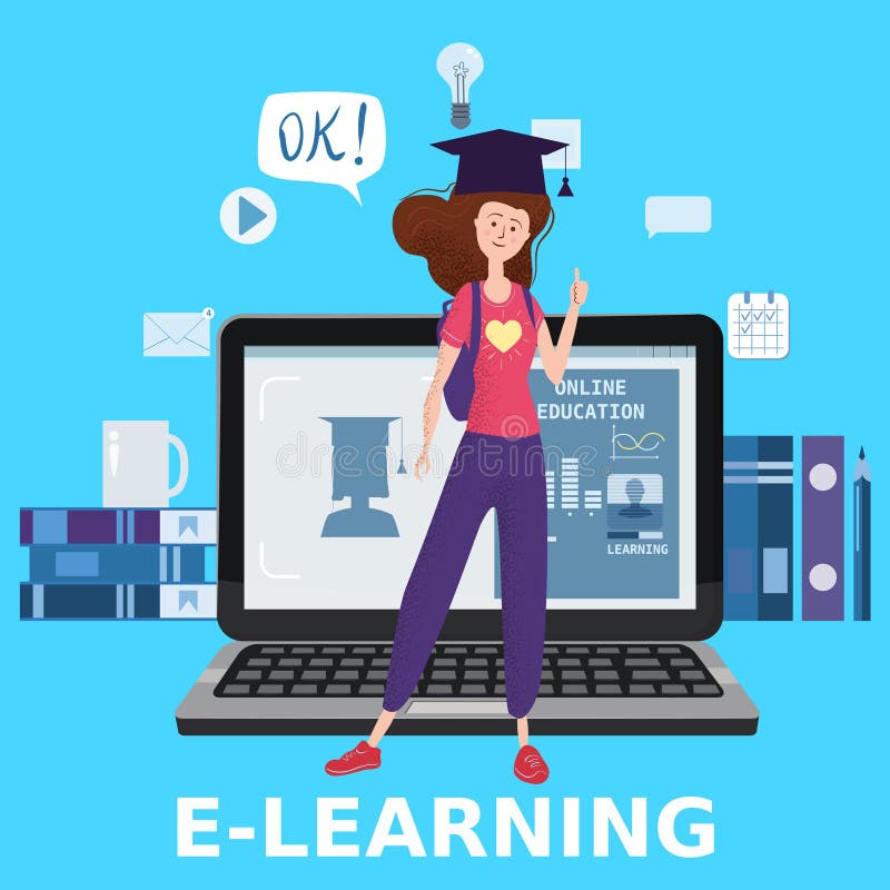 E-learning Girl Studying with Computer and Books, Smile. the Concept of ...