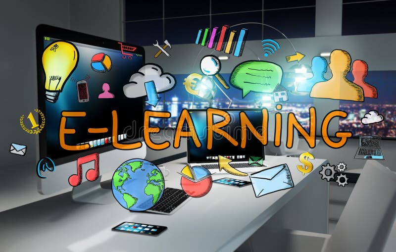 E-learning Hand Drawn Concept in Office 3D Rendering Stock Illustration ...
