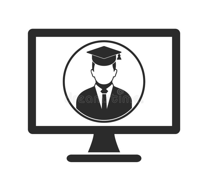 E Learning Icon. Graduate Student Symbol on Computer Monitor. Flat ...