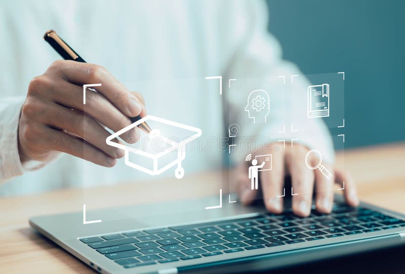 E-learning Icon on a Virtual Screen in a Laptop. Concept Learn, Webinar ...