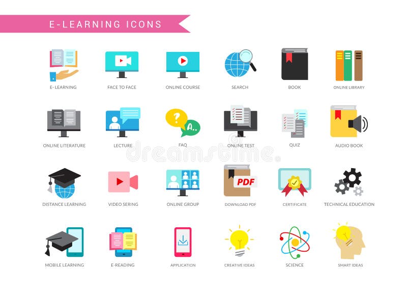 E-learning Icons Vector Set. Educational Elearning Study Icon with ...
