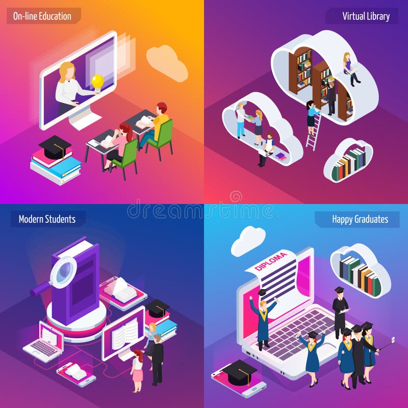 E-learning Isometric Concept Stock Vector - Illustration of community, distance: 128589328