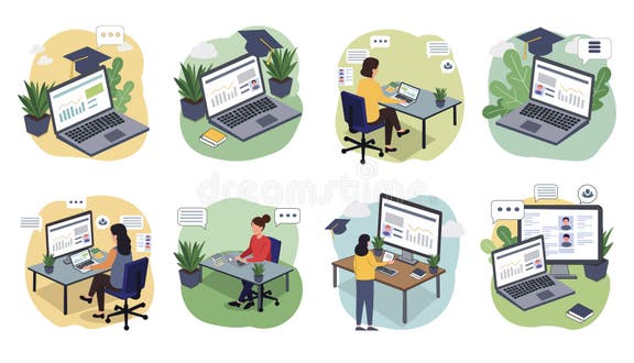 E-learning Laptops and Computers Vector Illustration Set Stock Vector ...
