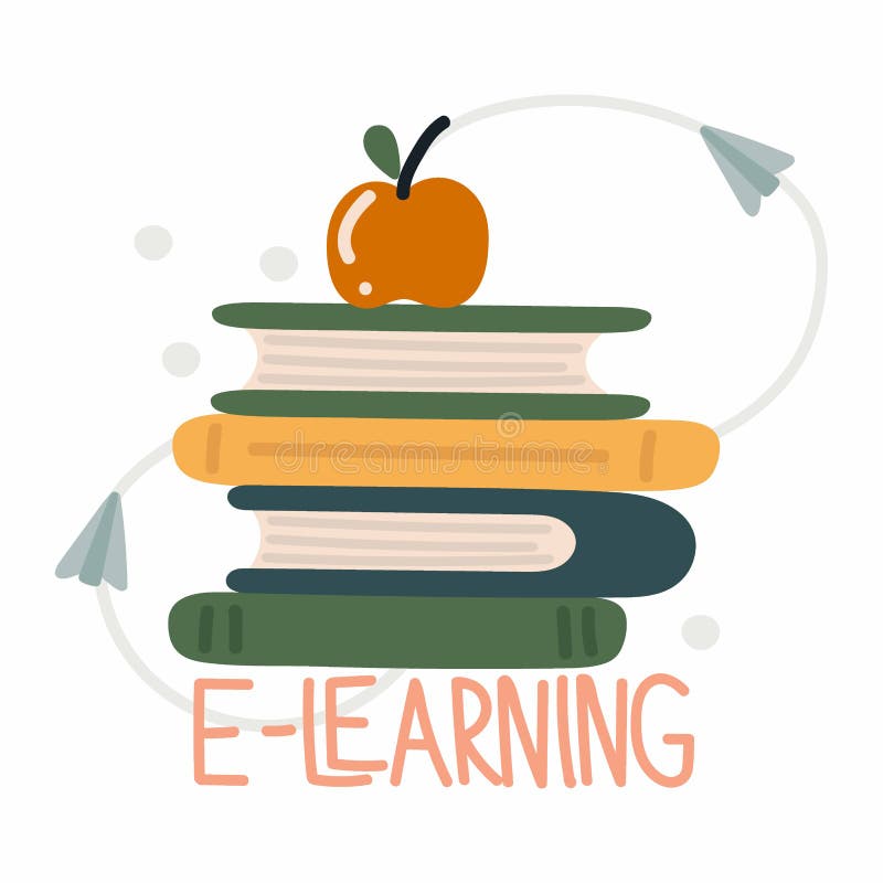 E-learning Lettering. Stack of Book with Apple, Internet Tutorial and ...