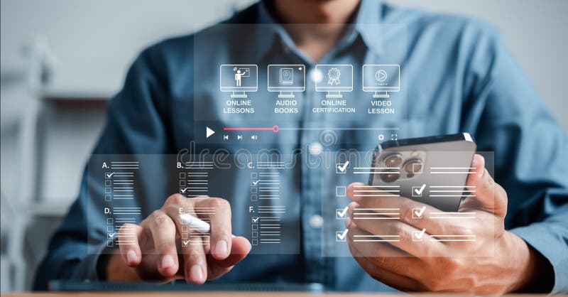 E-learning Online Class on Virtual Screen, Watching Video on Internet ...