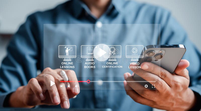 E-learning Online Class on Virtual Screen, Watching Video on Internet ...