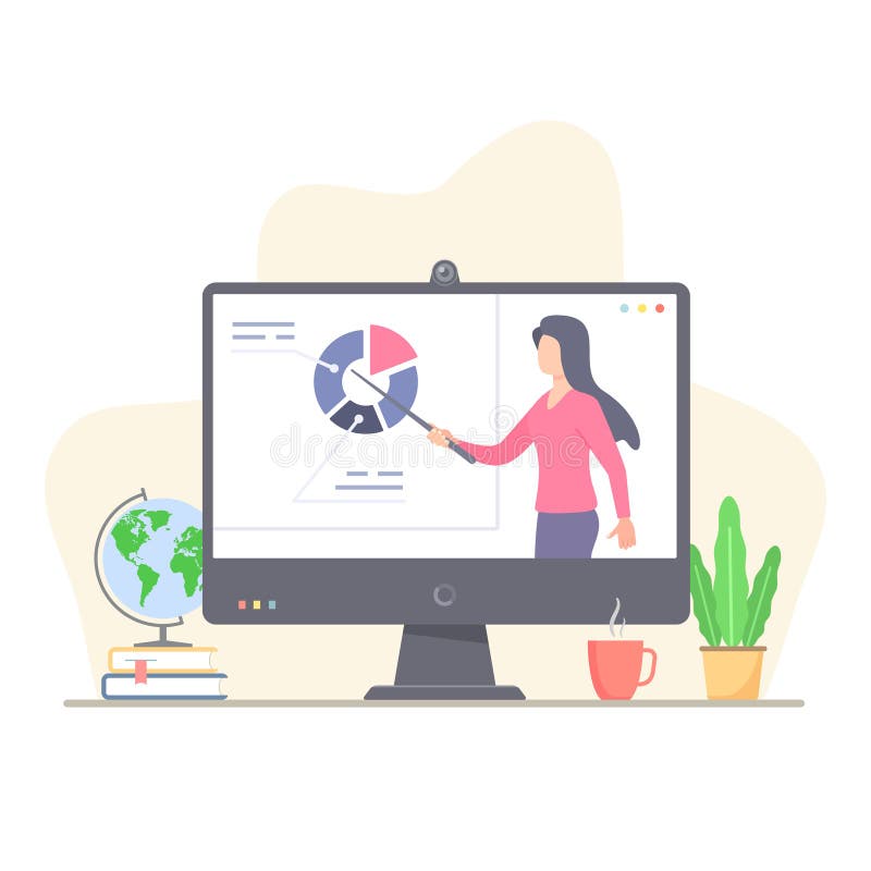 E-learning Online Education or Business Webinar with Computer, Flat ...