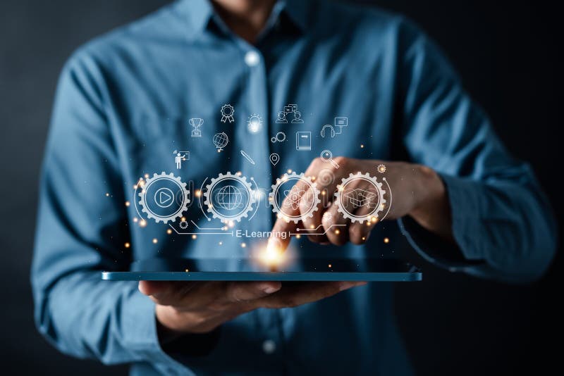 E-learning Online Education Course Degree Certificate, Man Using Computer Holding Lightbulb with ...