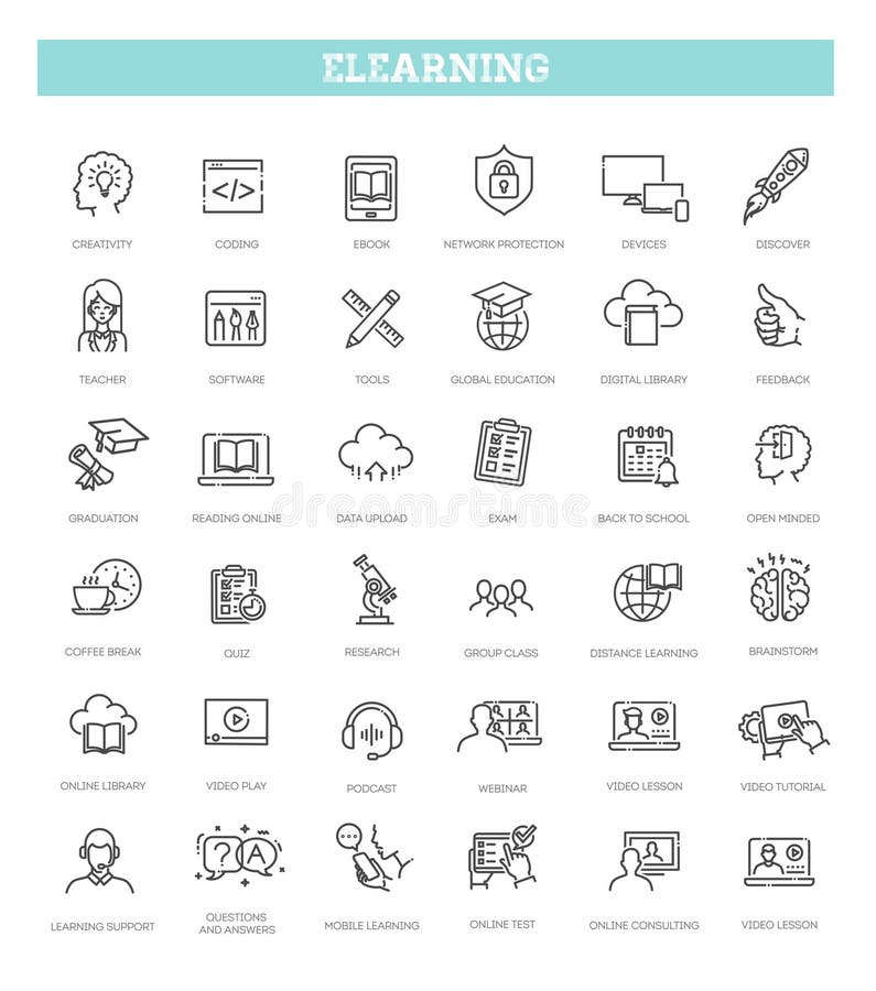 E-learning, Online Education Elements. Vector Line Symbols Stock Vector ...