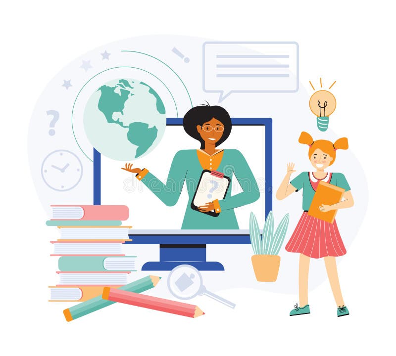 Student Following Online Courses on Her Computer at Home Stock Vector ...