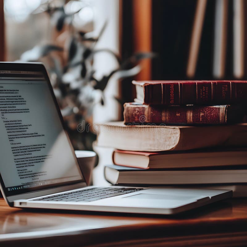 E-learning and Online Education. Workplace with Laptop and Books Stock ...