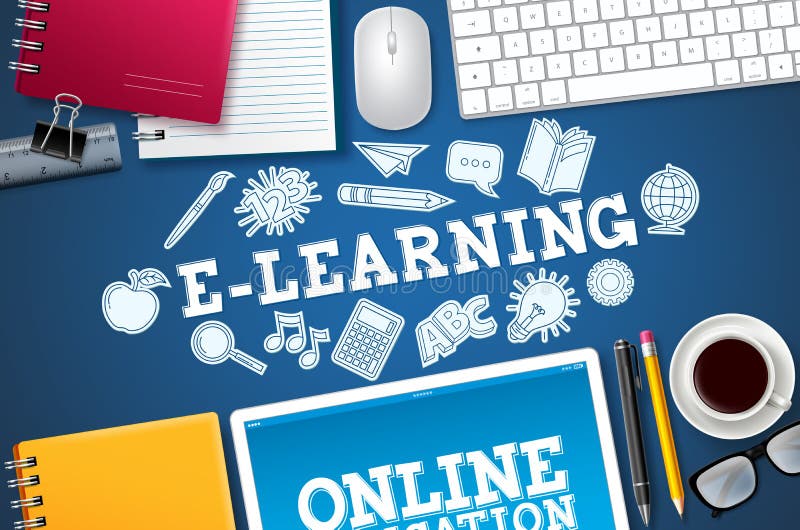 E-learning Online School Vector Banner. E-learning Text with Computer ...