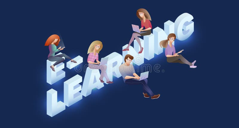 E-learning and Online Training Concept. Isometric Letters, People ...
