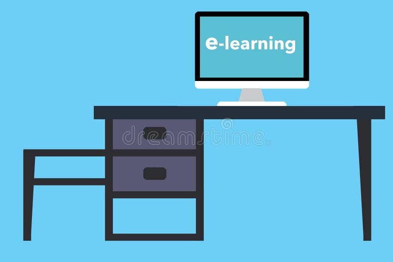 A Desk and Computer with E-learning on the Screen Stock Illustration ...
