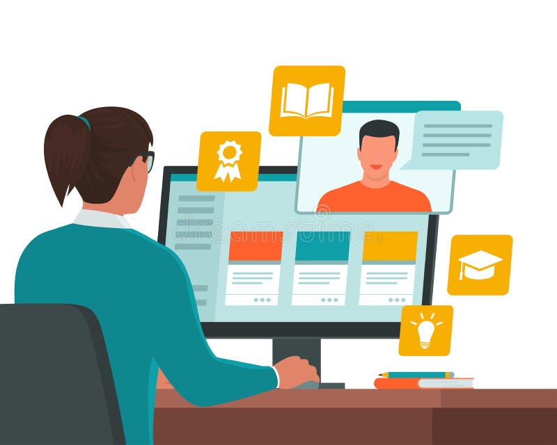 E-learning: Student Taking Online Classes on Her Computer Stock Vector ...