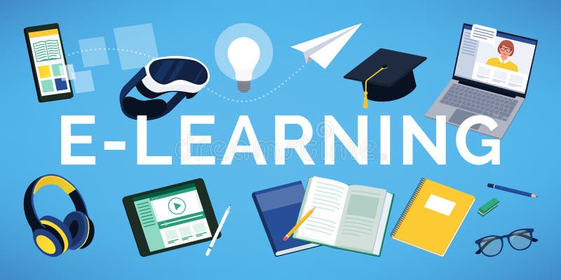 E-learning Text, Digital Devices and School Items Stock Vector ...