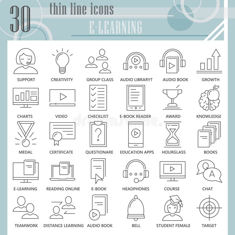E-learning Thin Line Icon Set, Education Symbols Collection, Vector ...