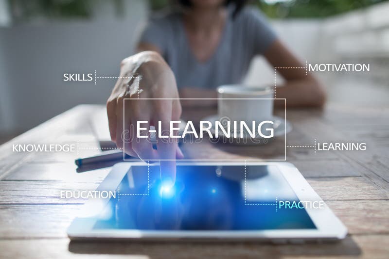 E-Learning on the Virtual Screen. Internet Education Concept. Stock ...