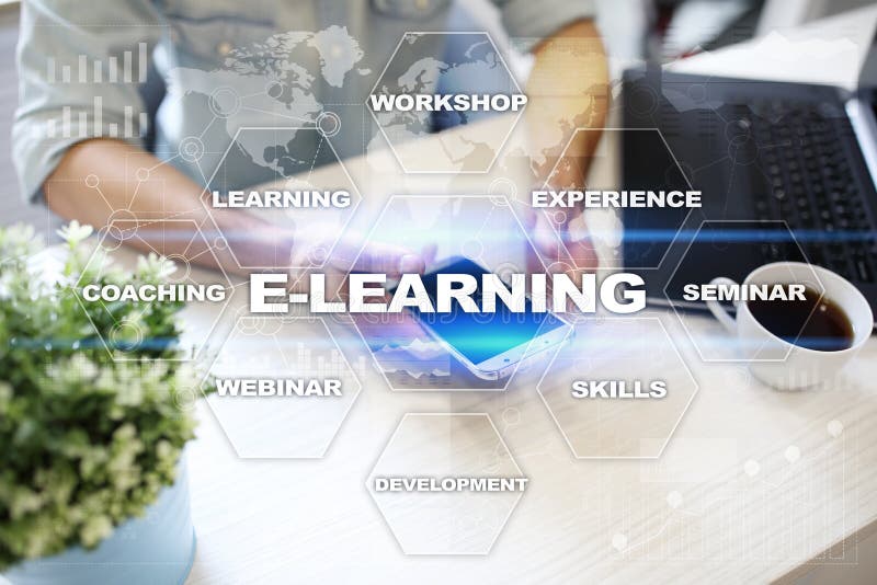 E-Learning on the Virtual Screen. Internet Education Concept. Stock ...