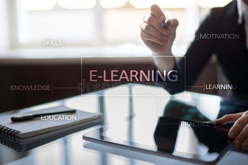 E-Learning on the Virtual Screen. Internet Education Concept Stock ...