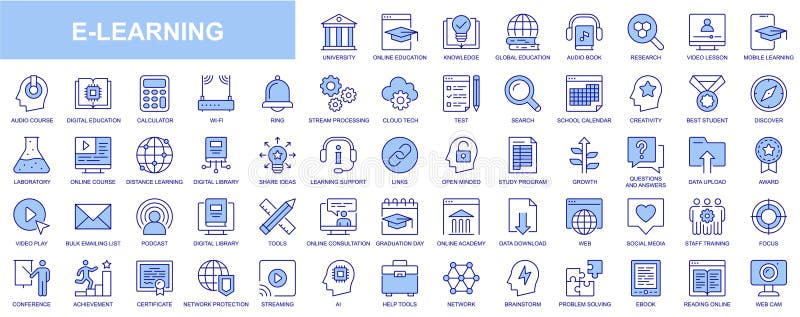 E-learning Web Icons Set in Blue Line Design. Pack of University ...