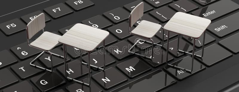 E Learning, Webinar Concept. White Desks on a Black Laptop Computer ...