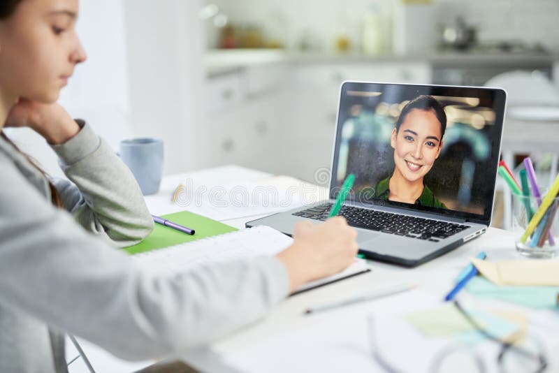 E Learning. Young Female Teacher Communicating with Her Student, Using ...