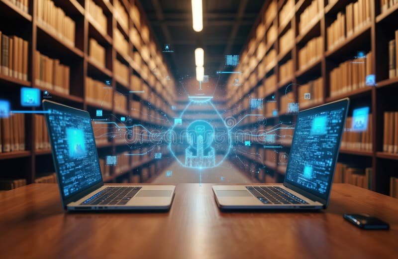 E-library Concept with Laptops Displaying Data Networks in a Classic Library Setting. Rows of ...