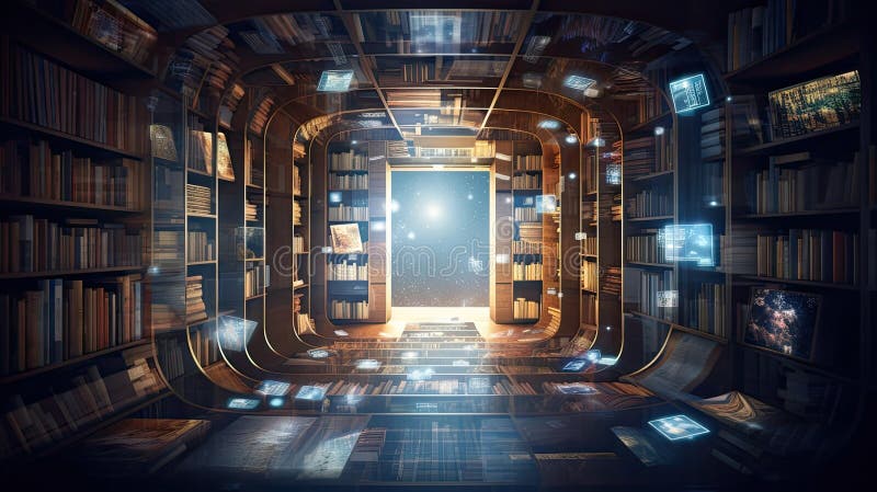 An E-library, Featuring Many E-book Icons Symbolizing a Vast Collection of Electronic Books ...