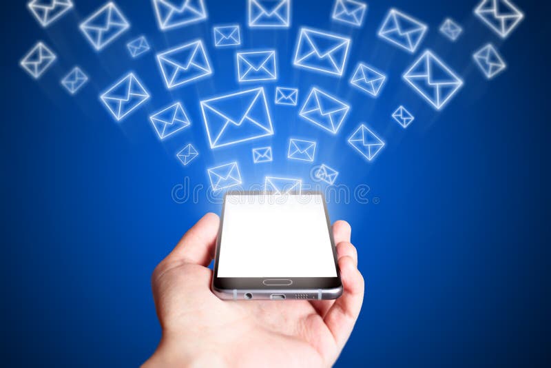 E-mail Concept. Mobile Phone on Blue Background Stock Photo - Image of ...